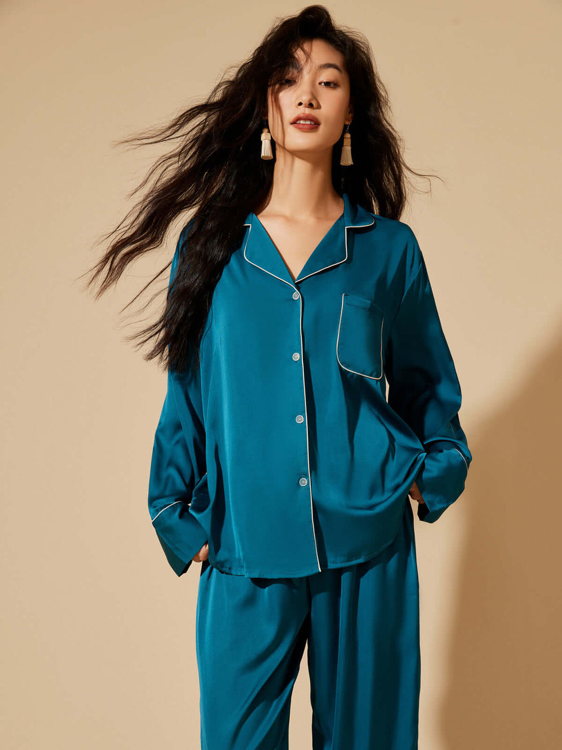 Lake Blue Luxury Pajama Set 3Pcs with Lapel Sleepshirt | Ulivary