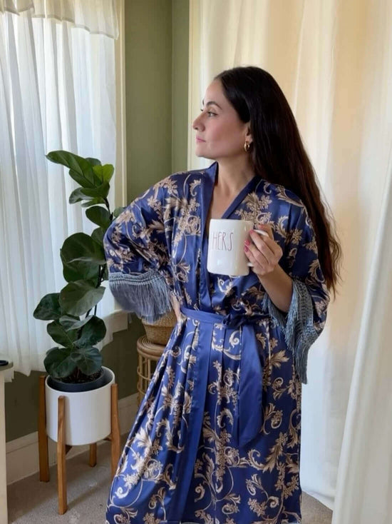 Blue Bath Robe | Long Bride Robe | Floral Kimono For Lady - Ulivary