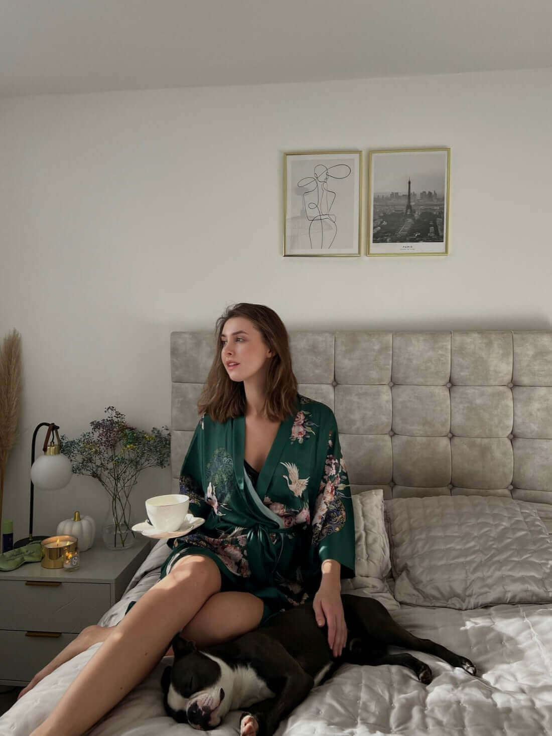 Green Floral Robe Kimono | Luxury Female Dressing Gown - Ulivary