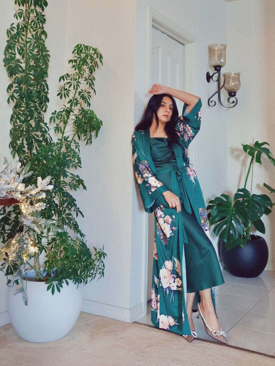 Green Floral Robe Kimono | Luxury Female Dressing Gown - Ulivary
