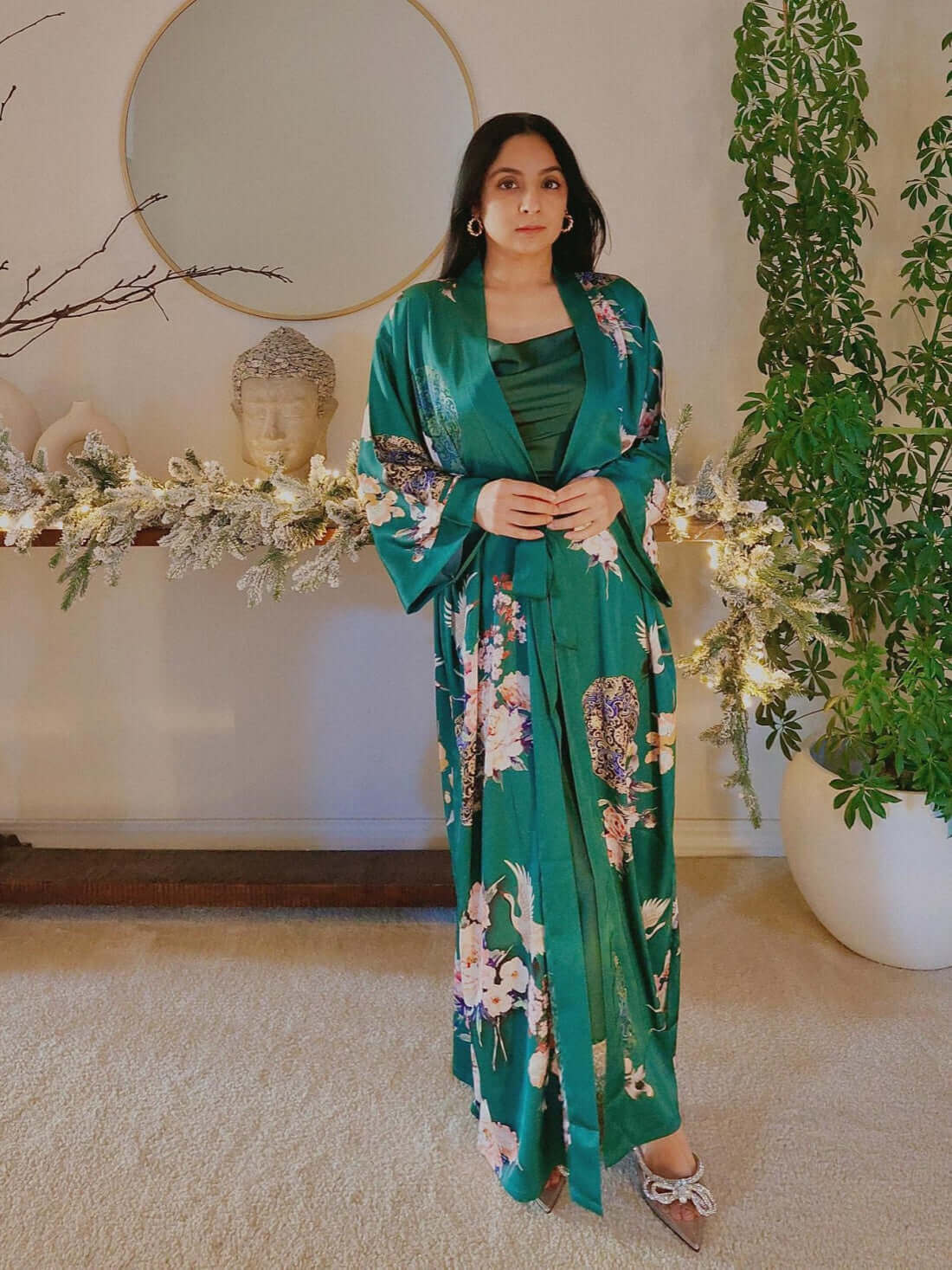Green Floral Robe Kimono | Luxury Female Dressing Gown - Ulivary