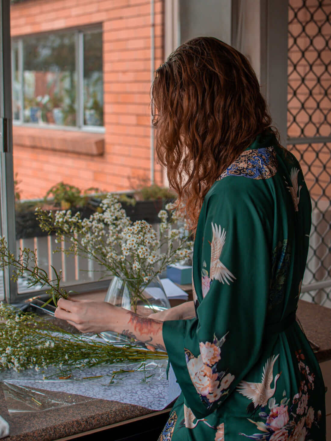 Green Floral Robe Kimono | Luxury Female Dressing Gown - Ulivary