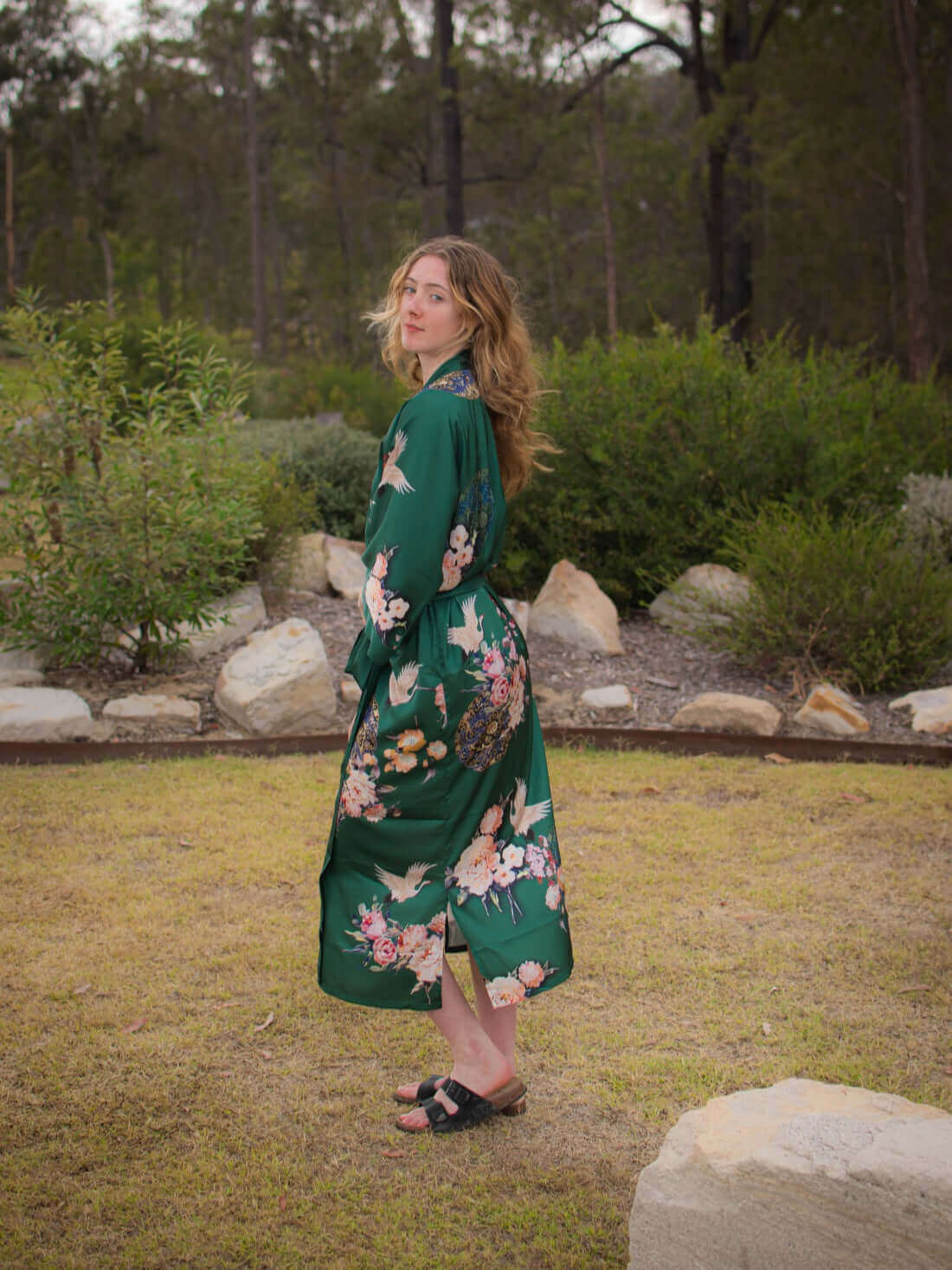 Green Floral Robe Kimono | Luxury Female Dressing Gown - Ulivary
