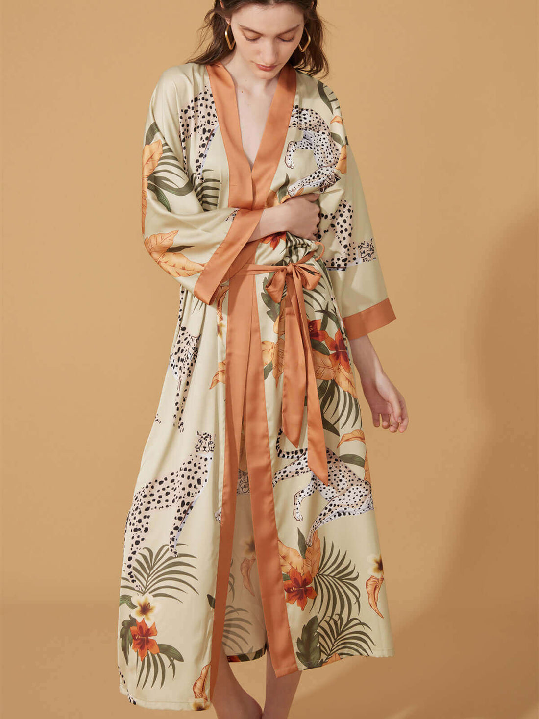 Orange Kimono Robe | Leopard Dressing Gown | Long Shower Robe - Ulivary