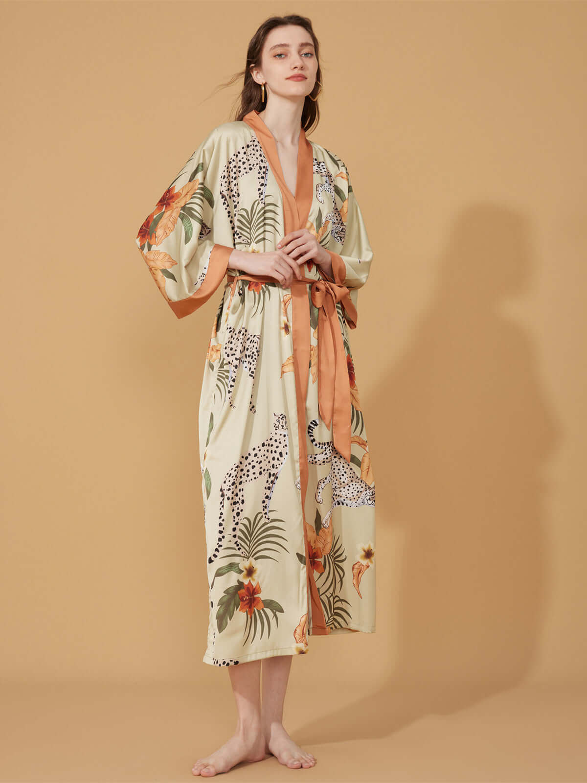 Orange Kimono Robe | Leopard Dressing Gown | Long Shower Robe - Ulivary