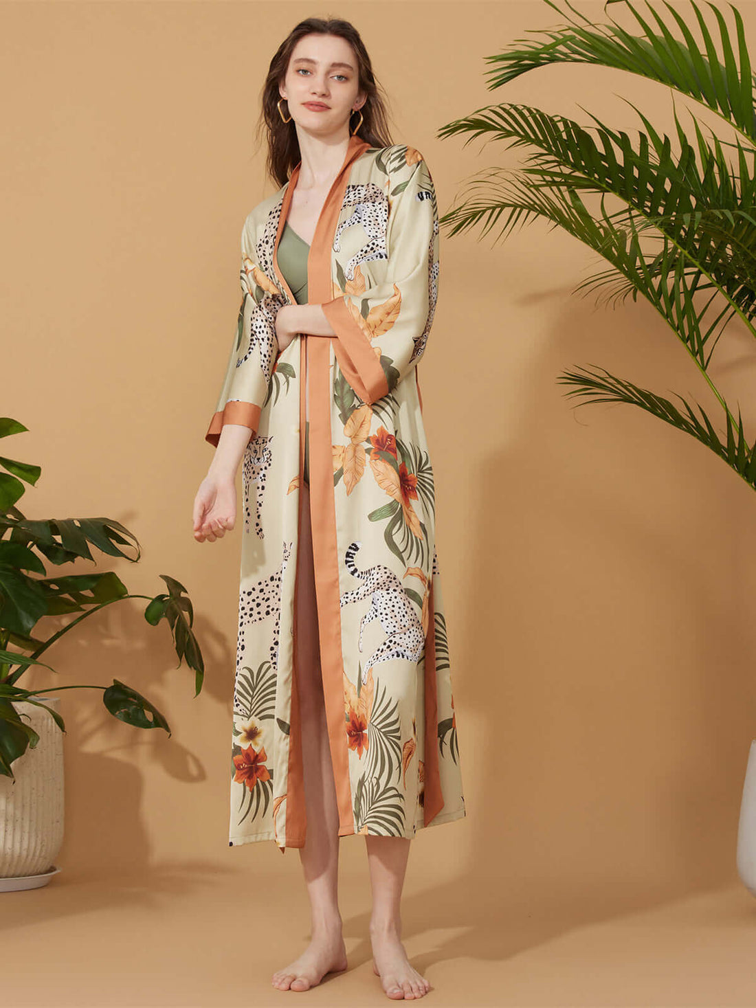 Orange Kimono Robe | Leopard Dressing Gown | Long Shower Robe - Ulivary