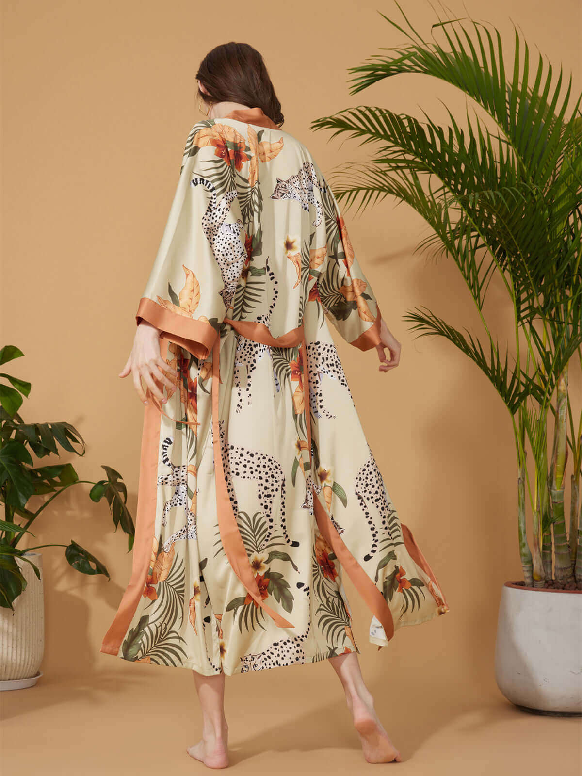 Orange Kimono Robe | Leopard Dressing Gown | Long Shower Robe - Ulivary