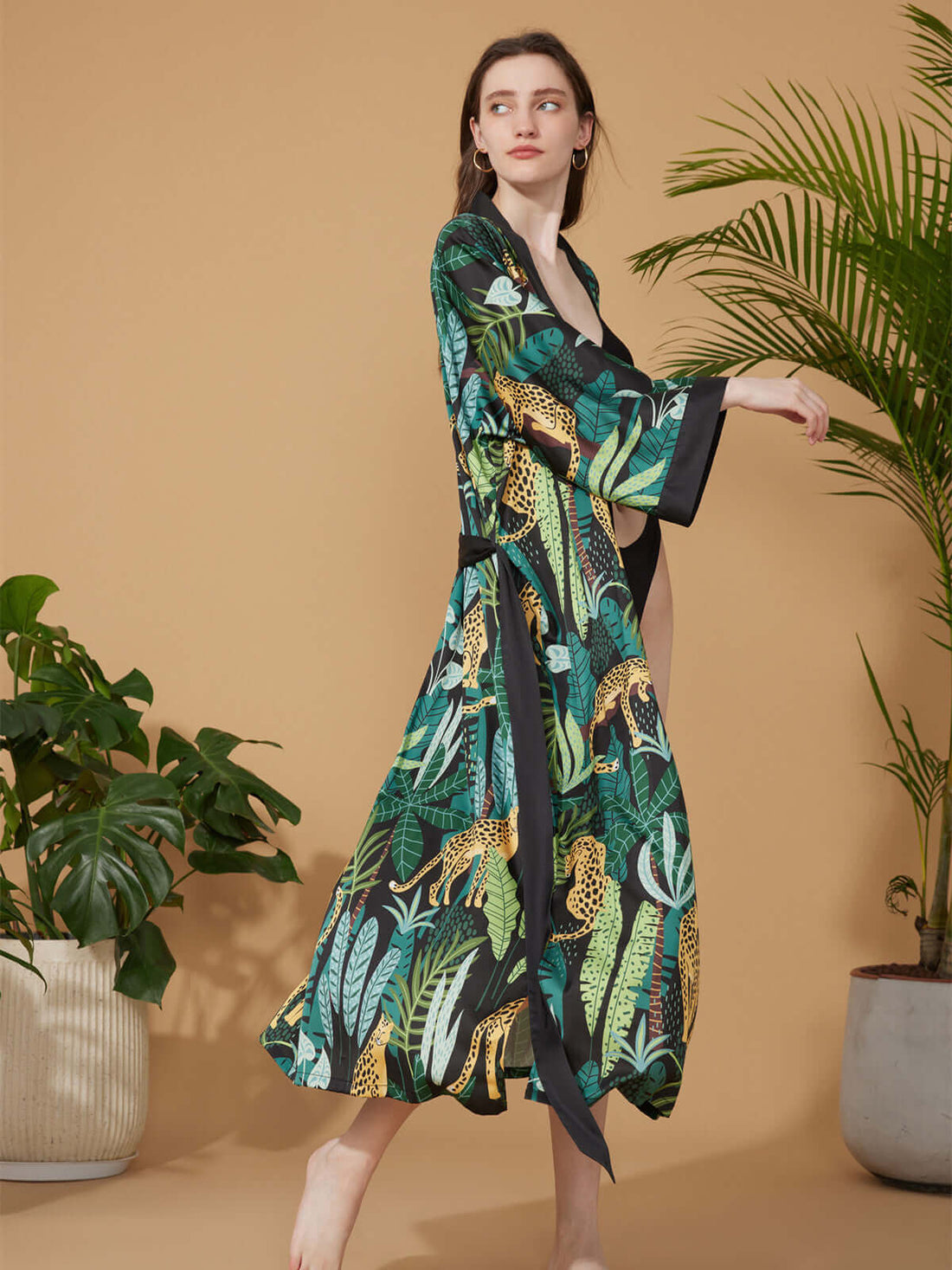 Black & Green Leopard Print Kimono Robe | Cozy Ladies Robe - Ulivary