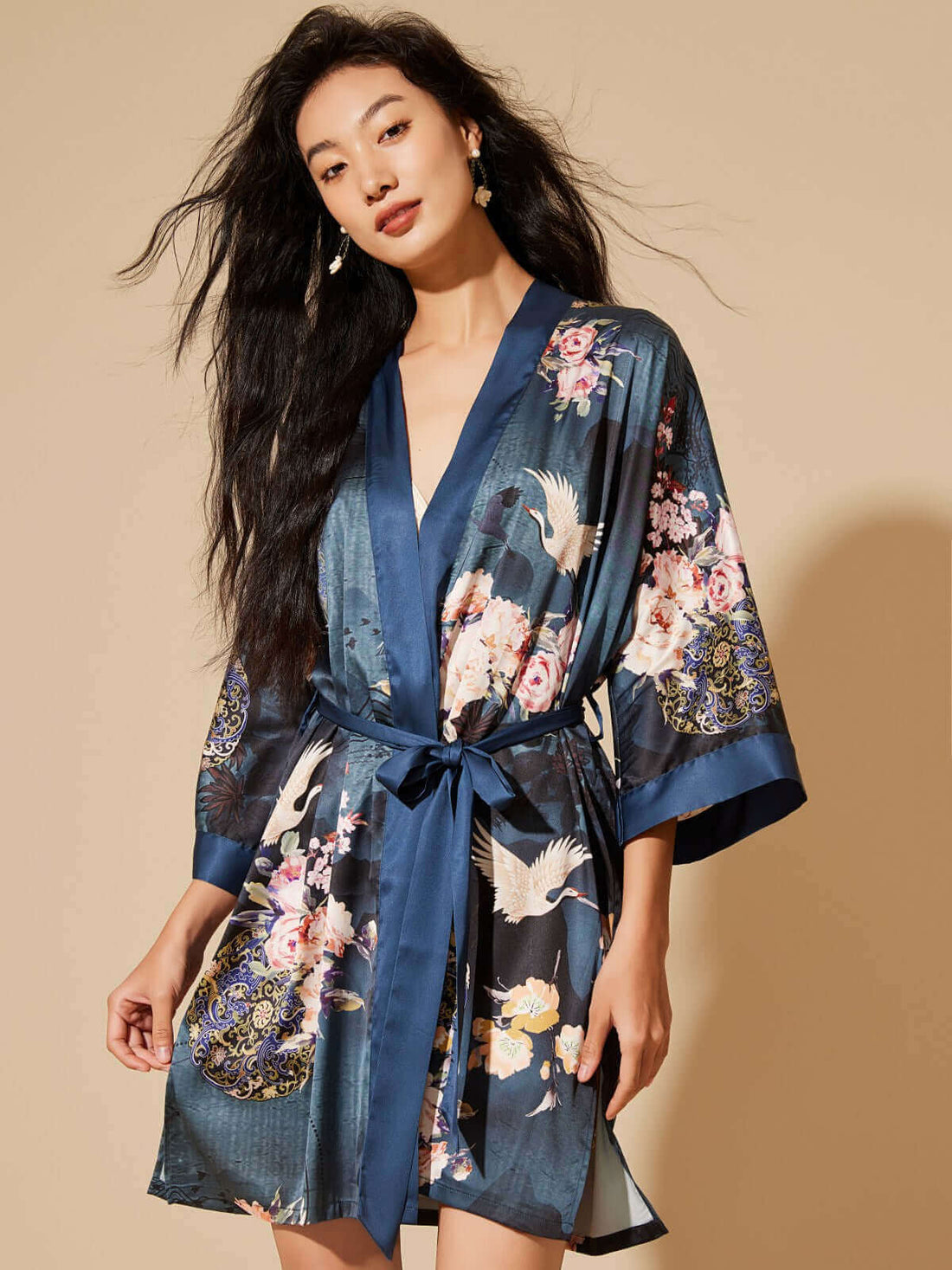 Cozy Silk Bath Gown | Ladies Garden Crane Floral Robe - Ulivary