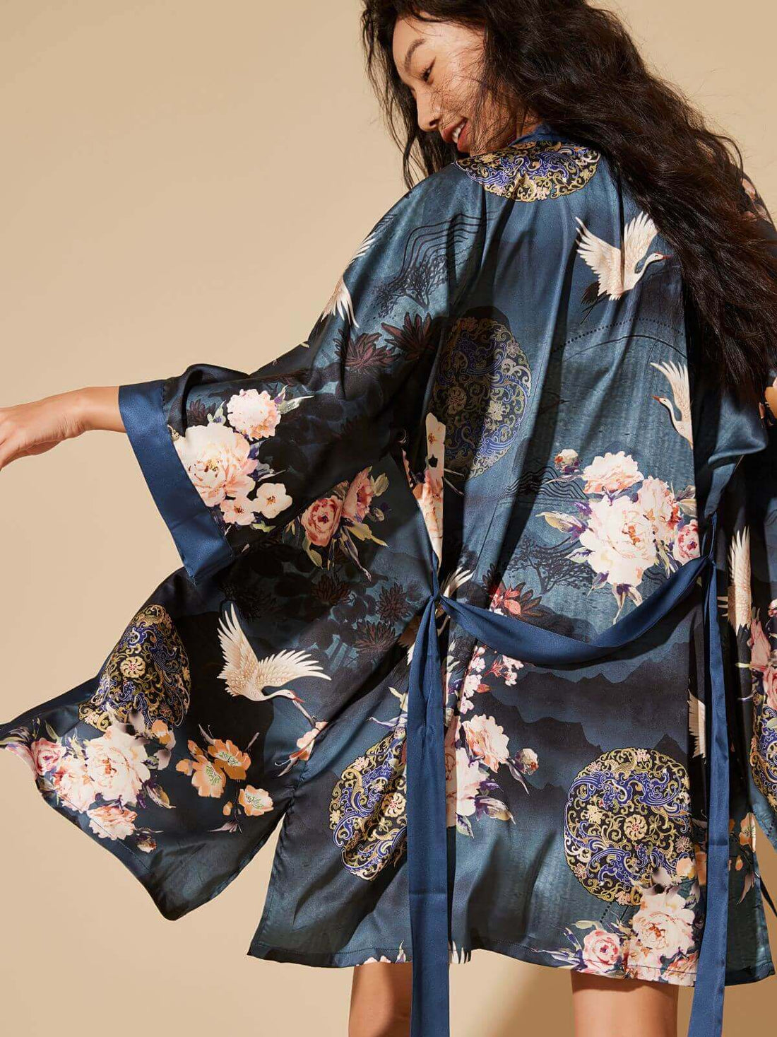 Cozy Silk Bath Gown | Ladies Garden Crane Floral Robe - Ulivary