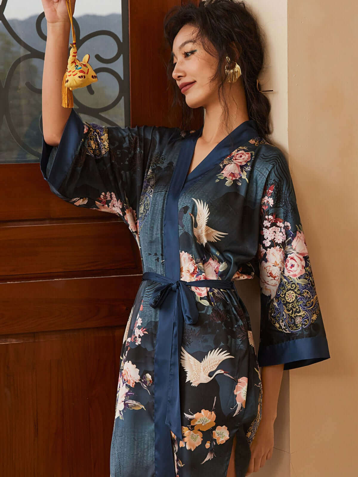 Cozy Silk Bath Gown | Ladies Garden Crane Floral Robe - Ulivary