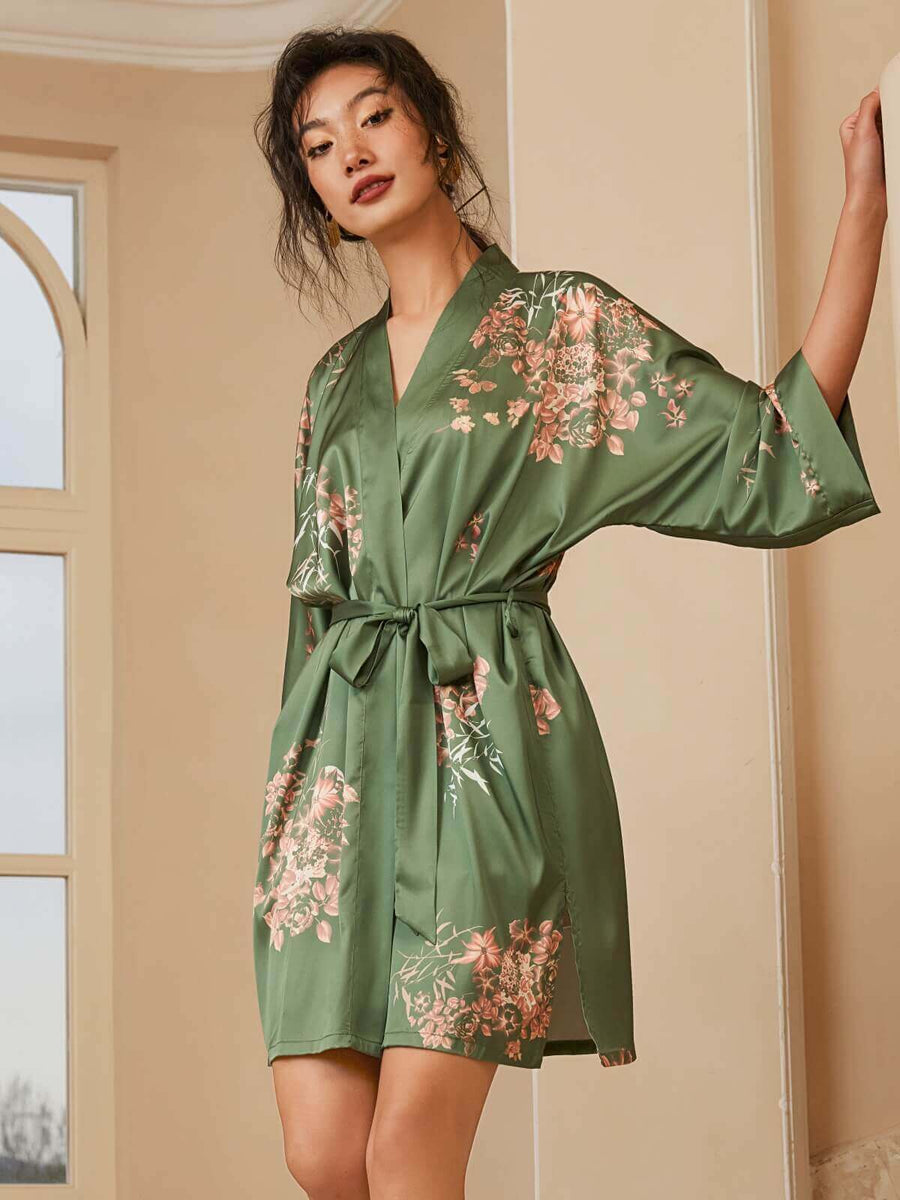 Olive Bamboo Floral Charmeuse Short Kimono Robe Traditional - Ulivary
