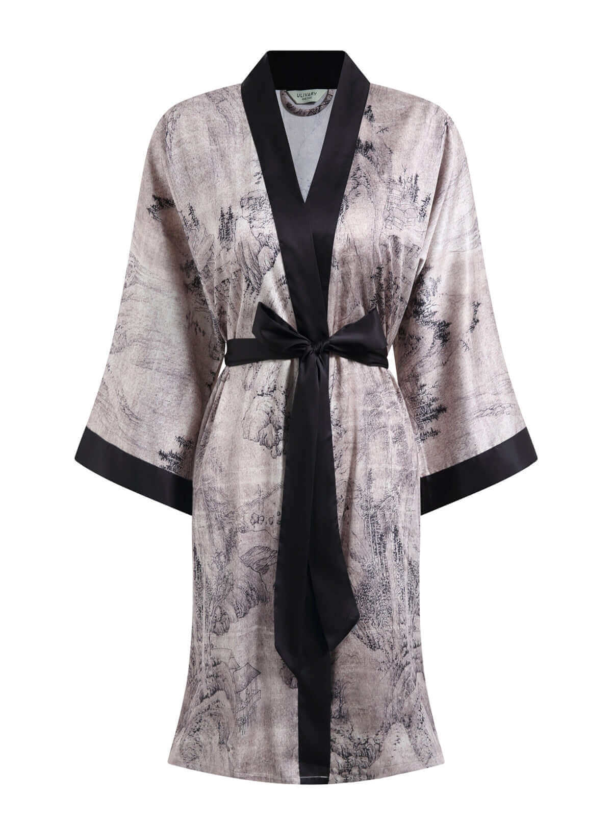Gray Oriental Ink Printed Silk Shower Robe | Cozy Luxury Morning Robe ...