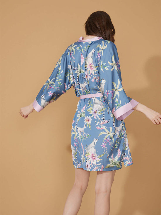 Short Silk Kimono Robe Blue Forest | Luxurious Loungewear, silk ...