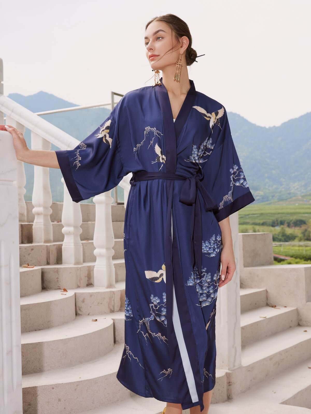 Navy Mountain Crane Dressing Gown | Women Luxury Night Long Gown - Ulivary