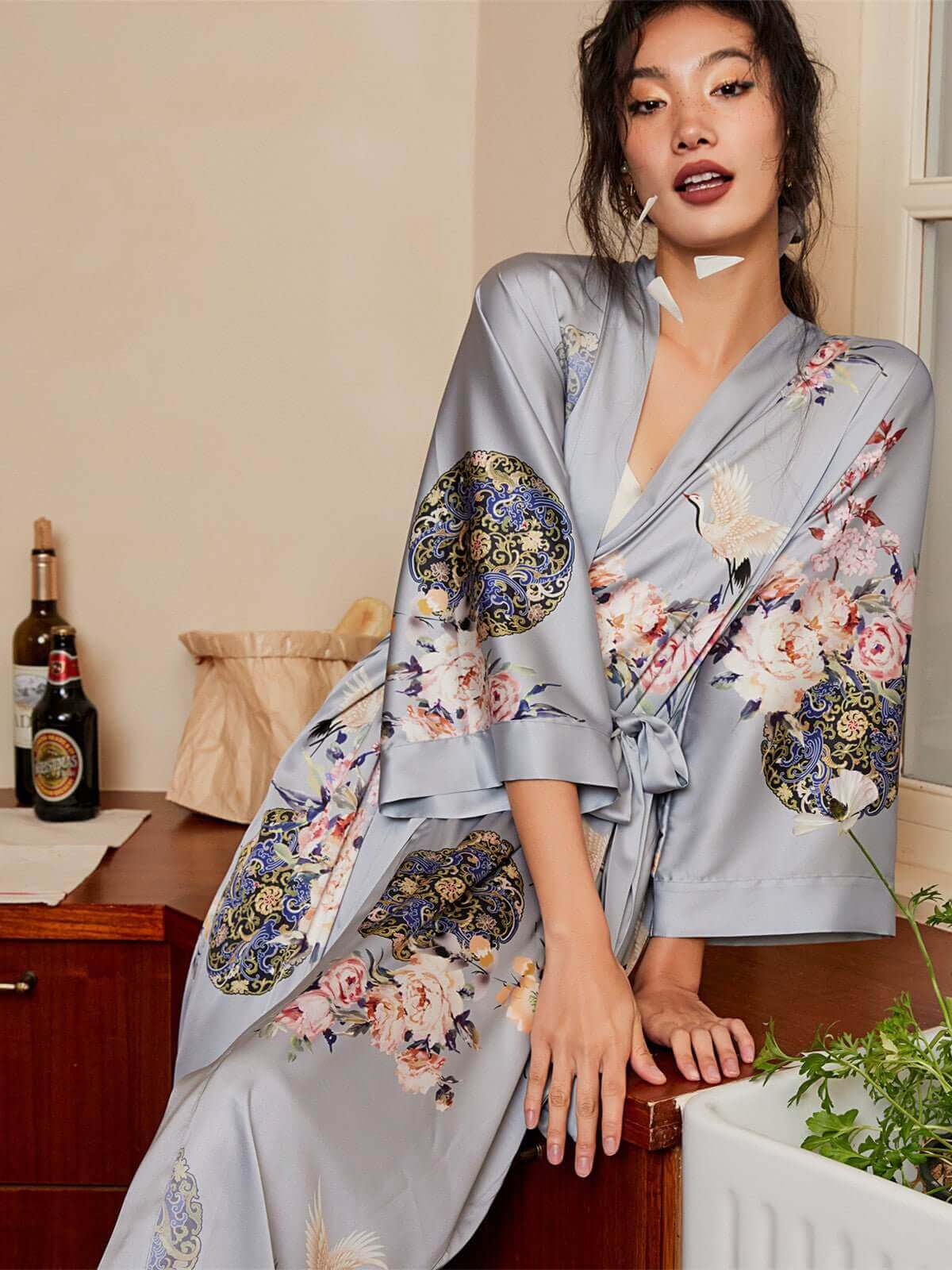 Best Shower Robe | Sexy Kimono | Garden Crane Floral - Ulivary
