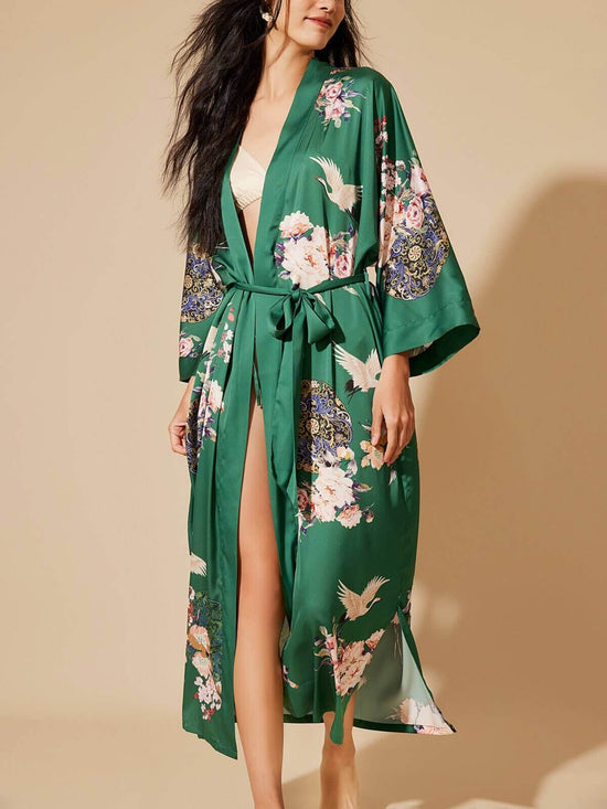 Green Floral Robe Kimono | Luxury Female Dressing Gown - Ulivary