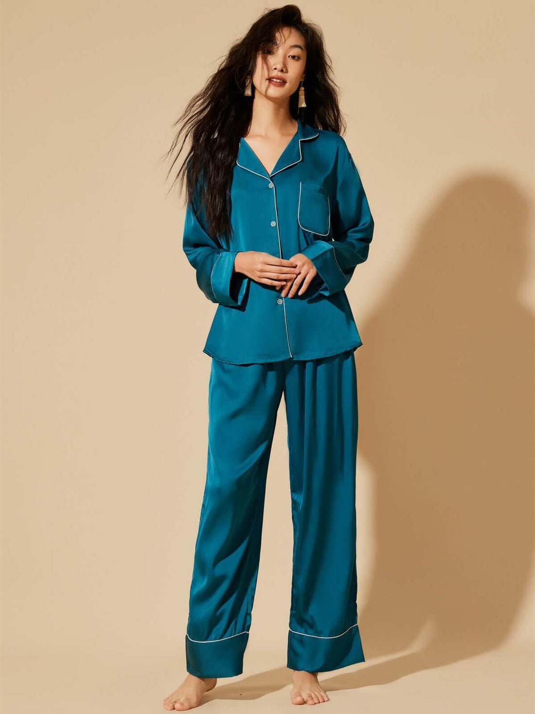 Lake Blue Luxury Pajama Set 3Pcs with Lapel Sleepshirt | Ulivary