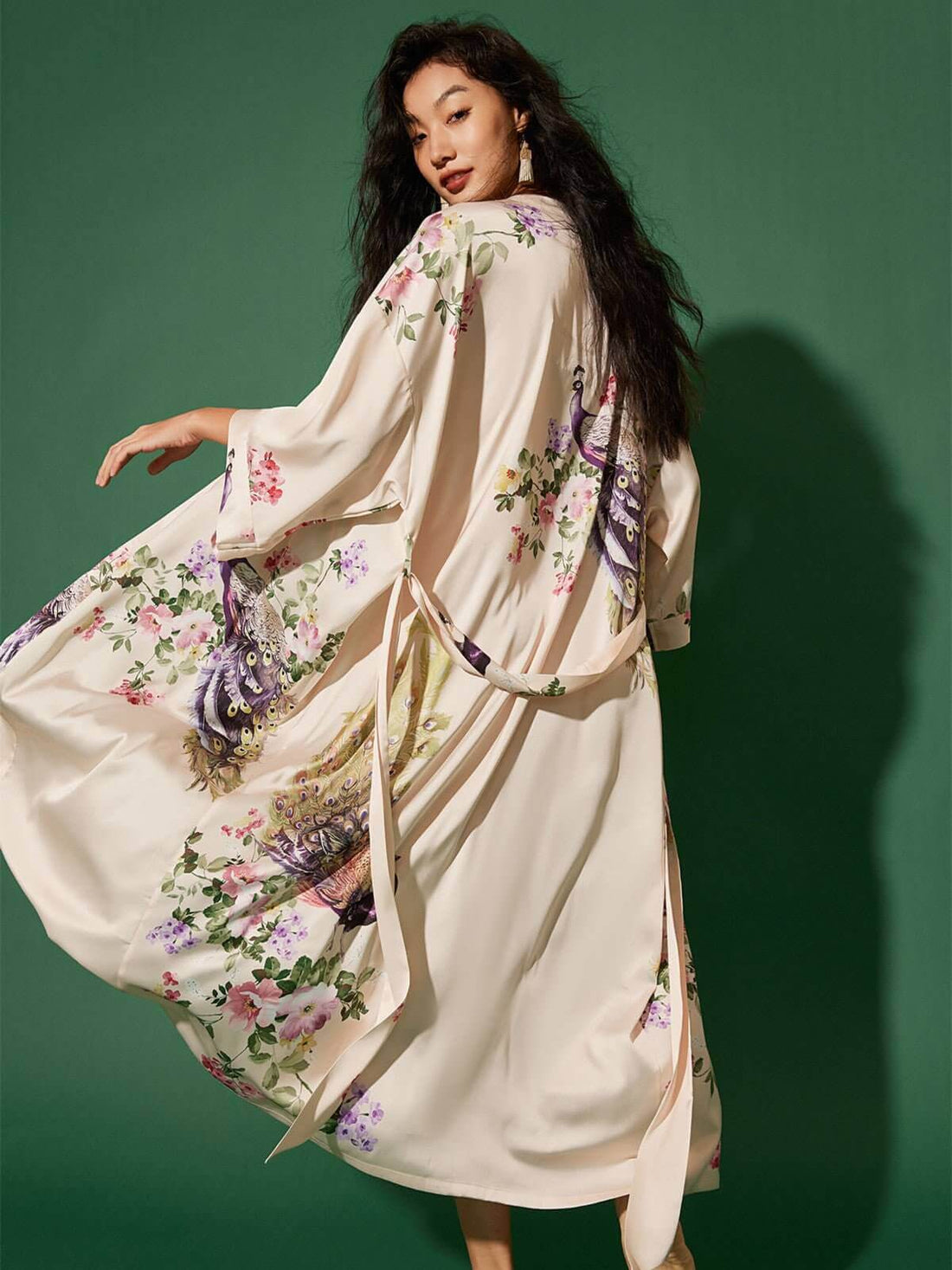 Beige Dressing Gown | Luxurious Dressing Robe | Peacock Kimono - Ulivary