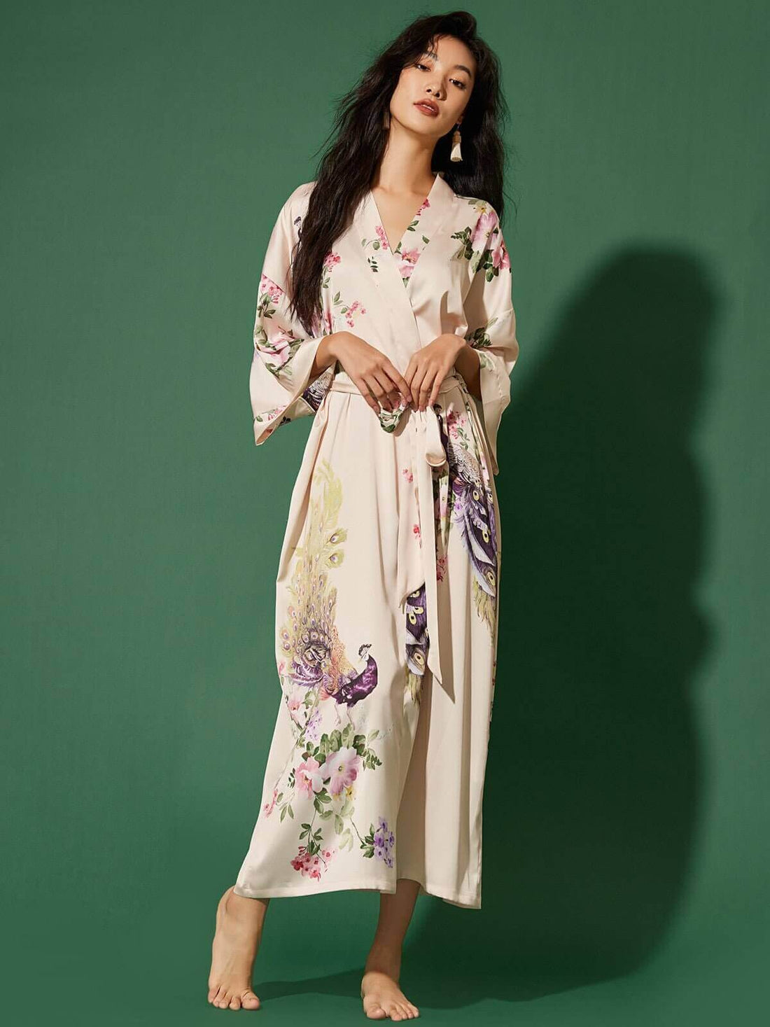 Beige Dressing Gown | Luxurious Dressing Robe | Peacock Kimono - Ulivary