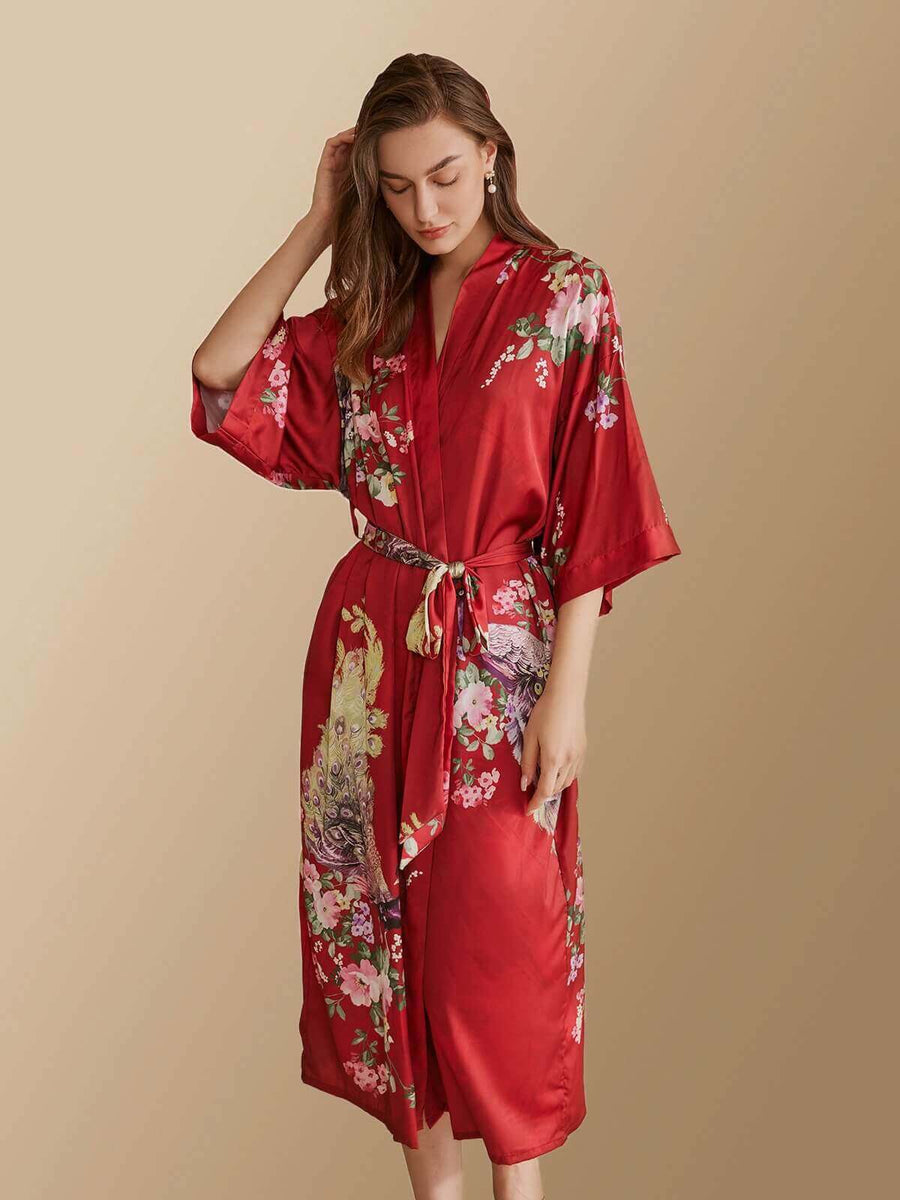 Red Traditional Kimono Robe | SPA Peacock Robe | Long Dressing Gown ...