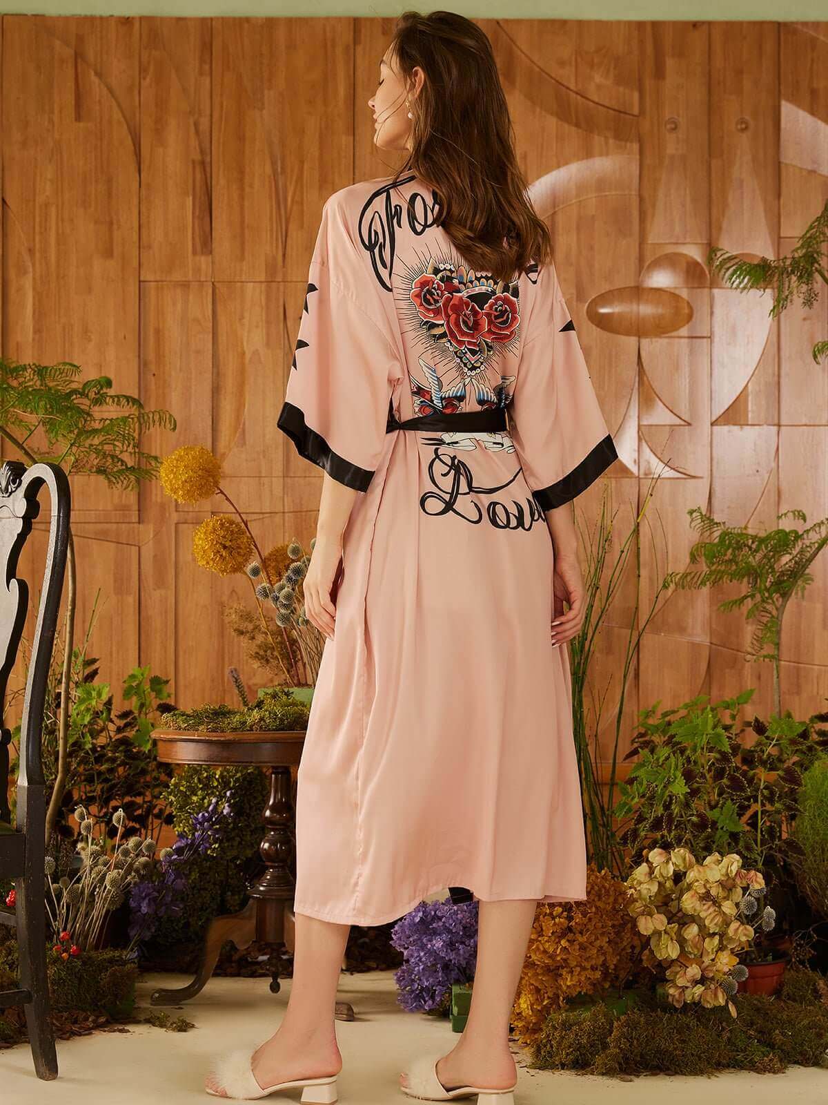 Best Pink Rose Silk Bathrobe For Women | Kimono Dressing Gown - Ulivary