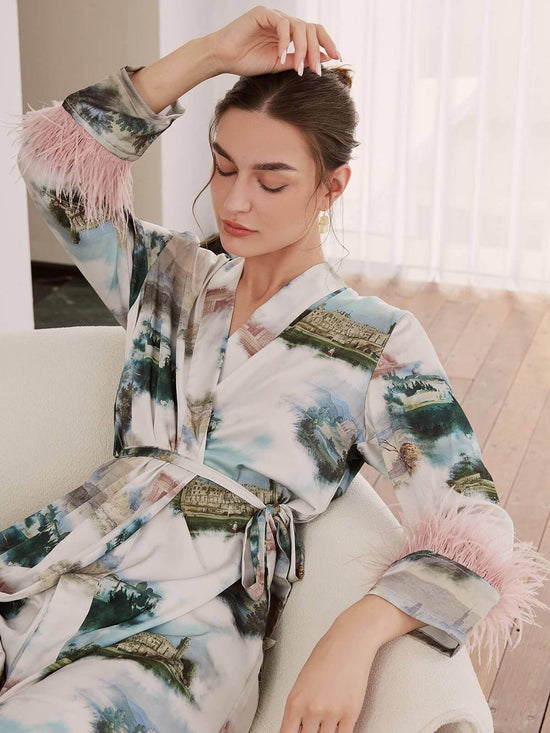 Feather Pajama Set 3 Pcs with Luxurious Landscape Robe | Ulivary